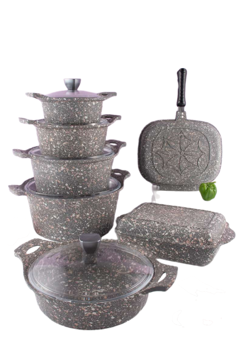 سرويس قابلمه تفلون 14 پارچه ريور طوسي طرح سنگي مدل دونا کد 3778 - نمایشگاه بی‌نظیر